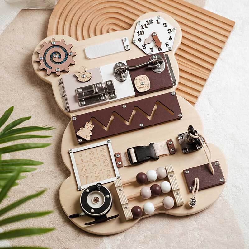 Premium Wooden Bear Busy Board for Toddlers - Educational Toy with 12 ...