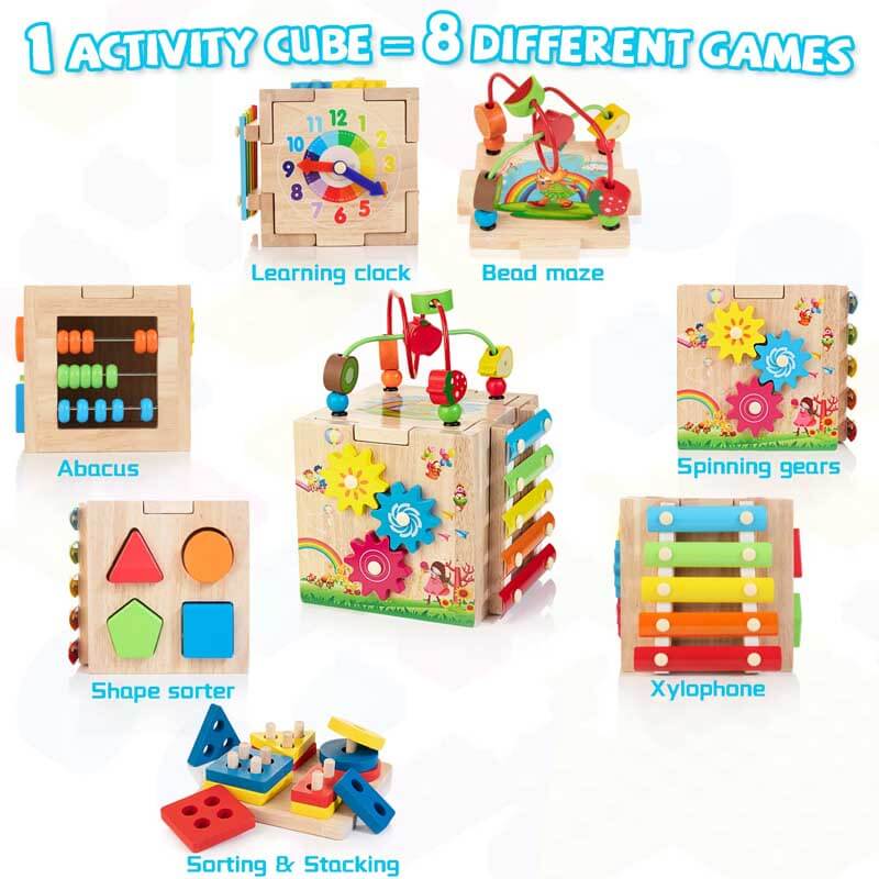 Wooden Activity Cube & Shape Sorter Stacking Rings Baby Toys ...