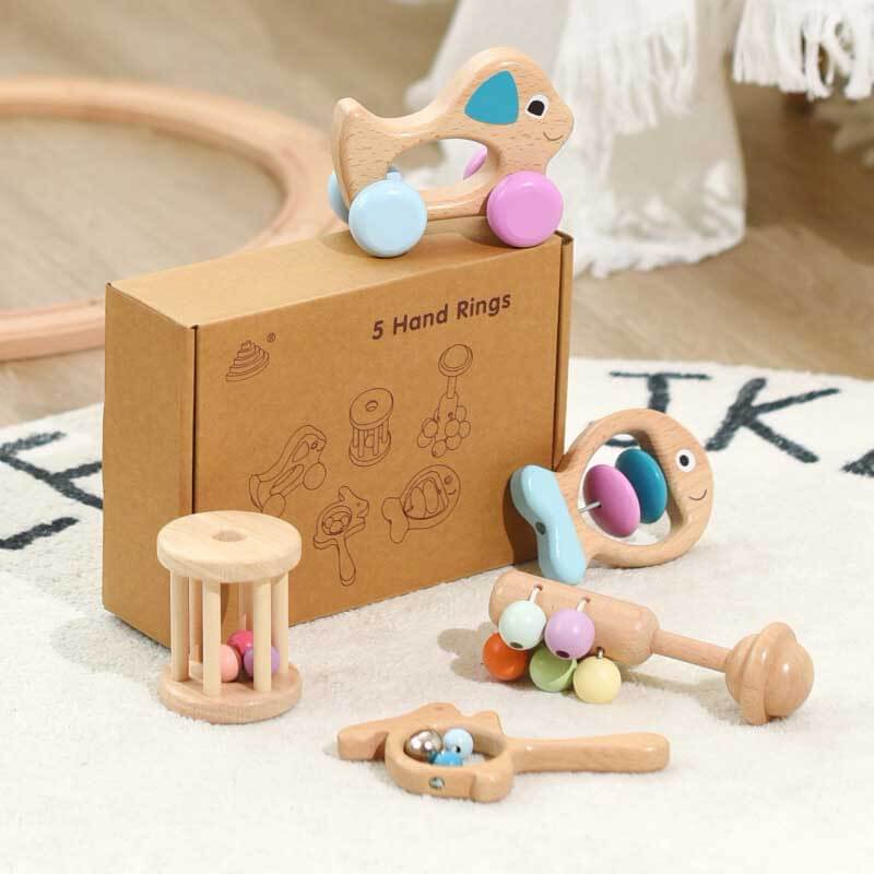 Wooden Colorful Hand Rattles Set for Newborns, Crawling Babies and ...