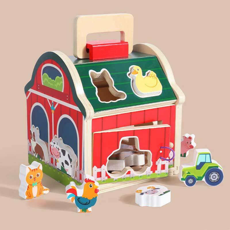 Wooden Take-Along Sorting Barn Toy with Flip-Up Roof and Handle, 10 Wooden Farm Play Pieces ...