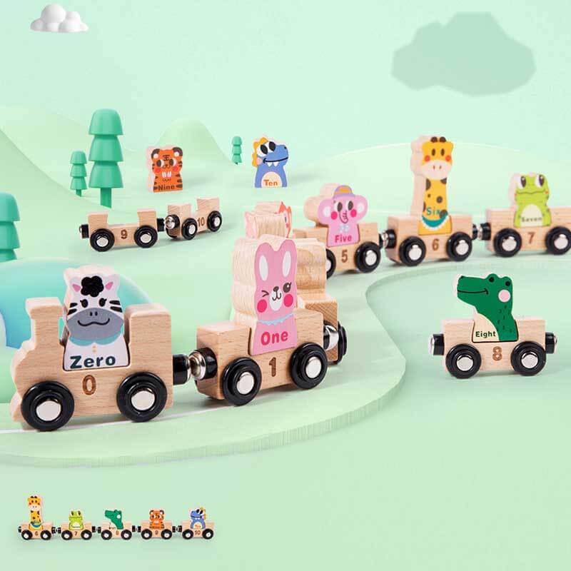 Wooden Animals Train Set with Numbers,11 Pieces Train Cars Includes ...