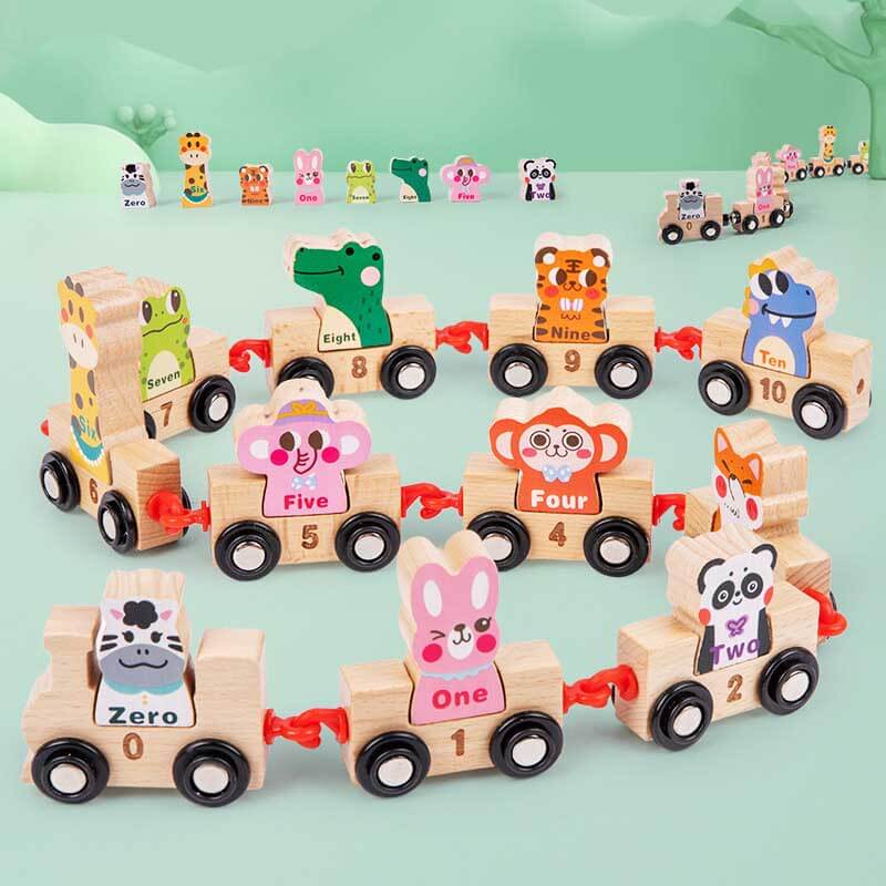 Wooden Animals Train Set with Numbers,11 Pieces Train Cars Includes ...